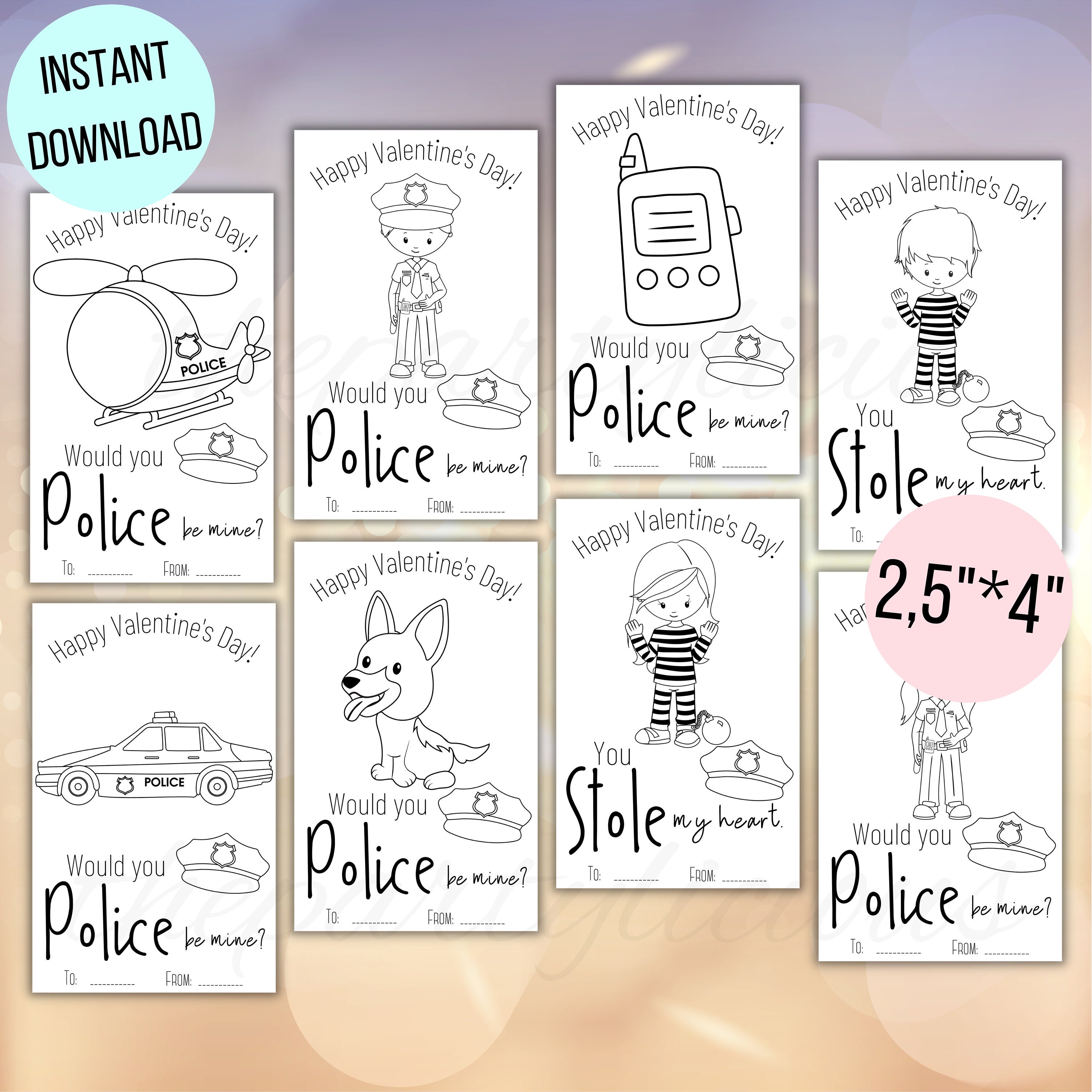 Printable Police Coloring Valentine's Day Card, Police Valentine Cards ...