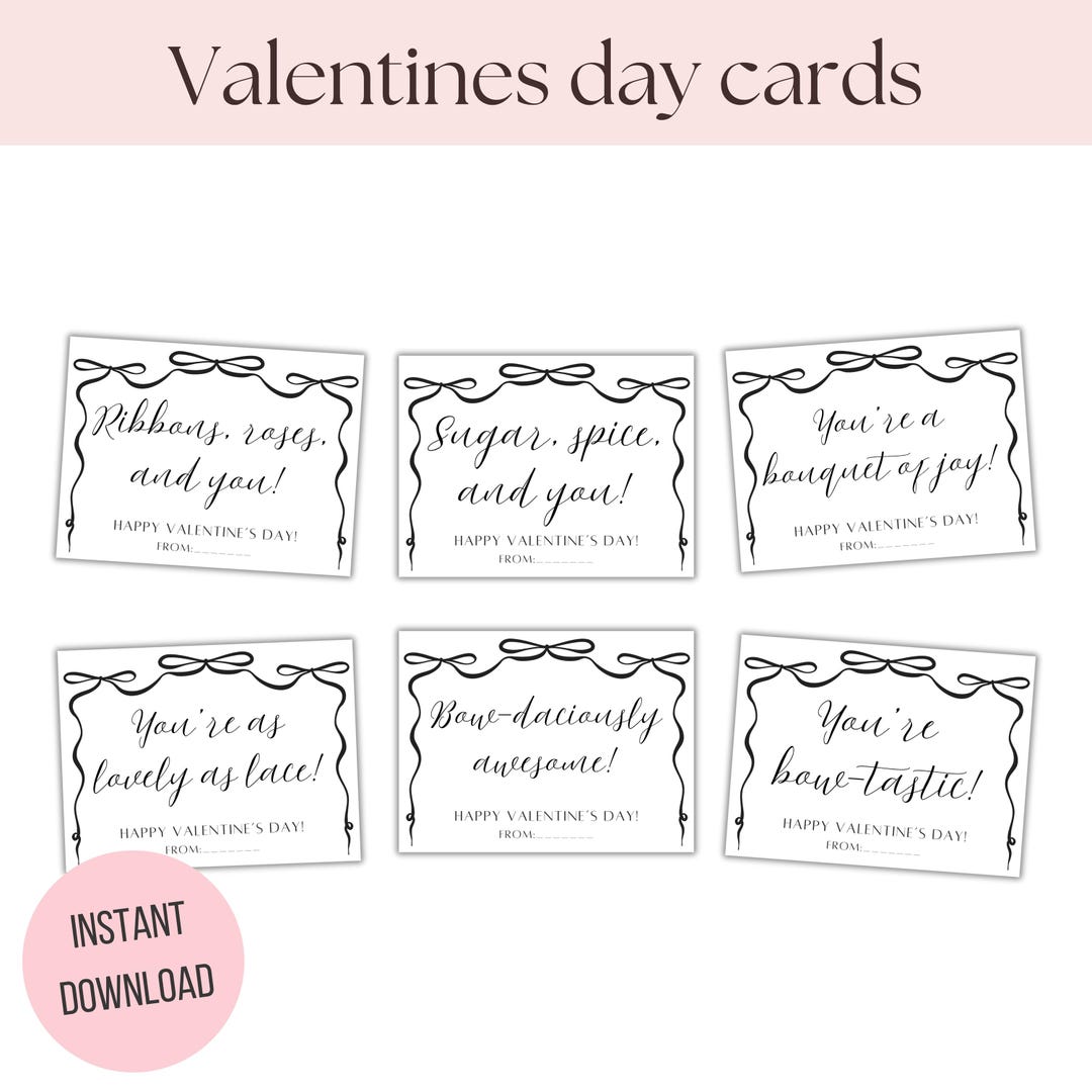 Printable Bow Valentine's Day Cards for School, Girl Kids Coquette ...