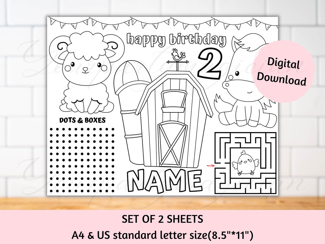 Coloring Page Farm Animals Birthday Party Activity Games for Kids ...