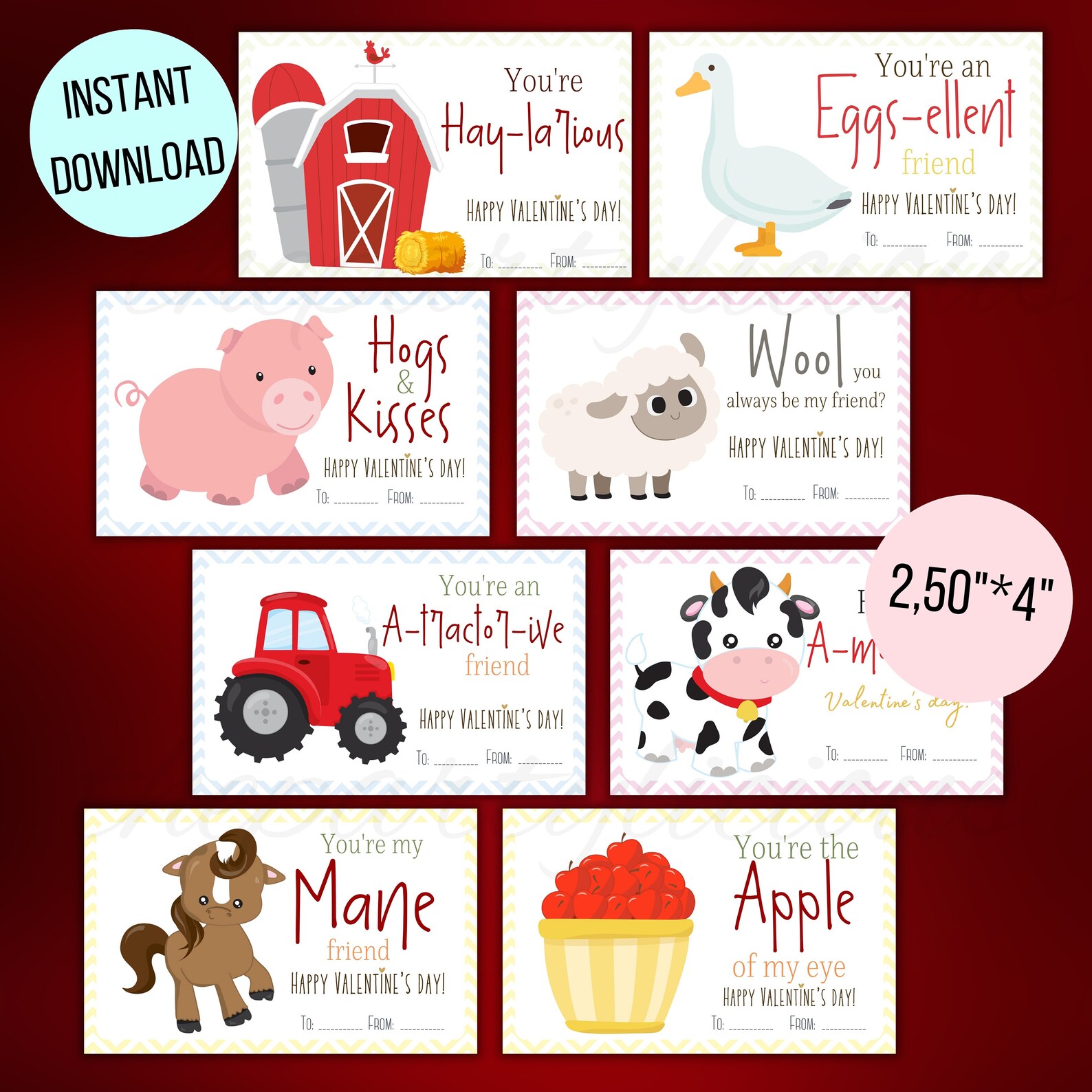 Printable Farm Kids Valentines Day Cards for School, Farm Animals ...