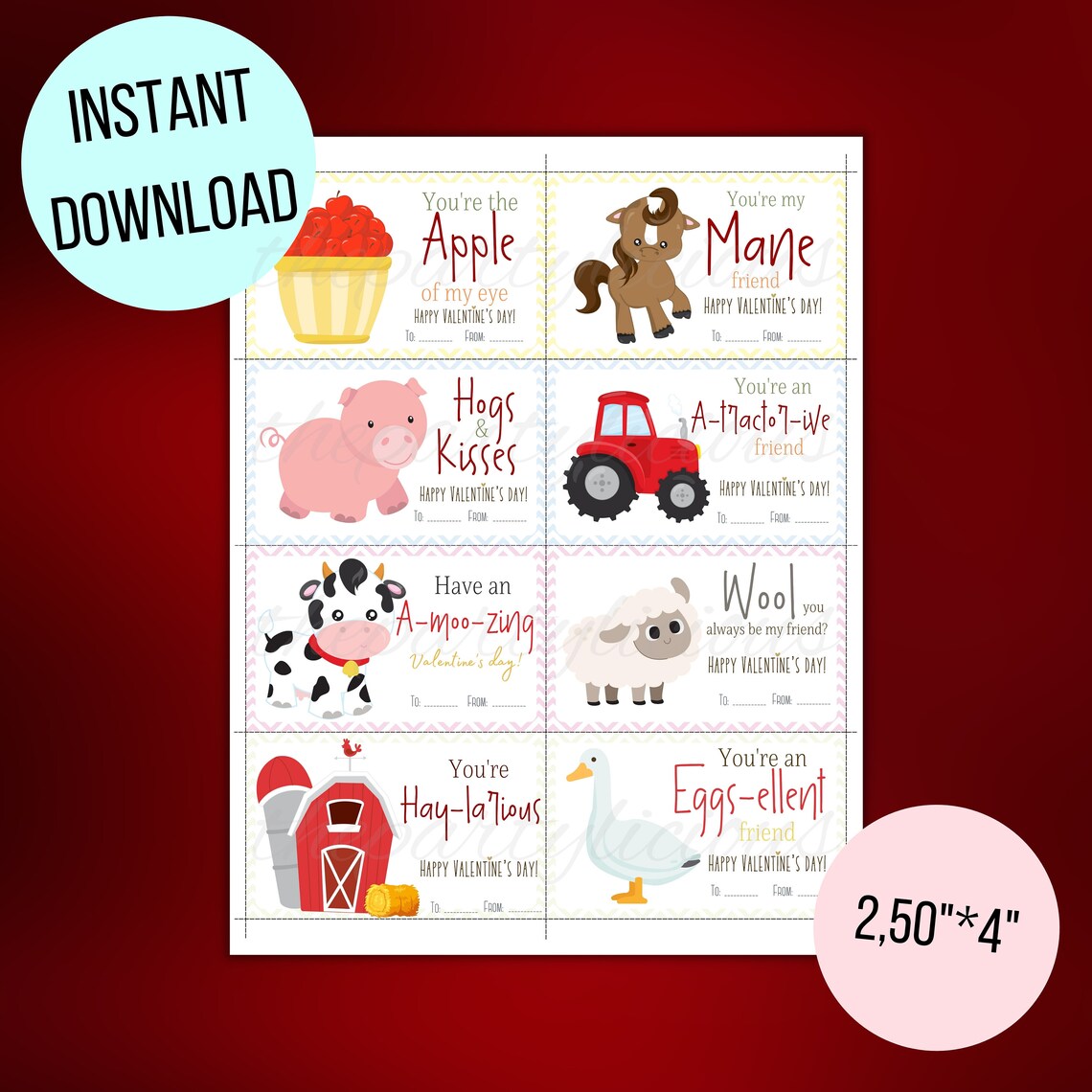 Printable Farm Kids Valentines Day Cards for School, Farm Animals ...