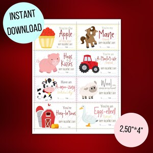 Printable Farm Kids Valentines Day Cards for School, Farm Animals ...