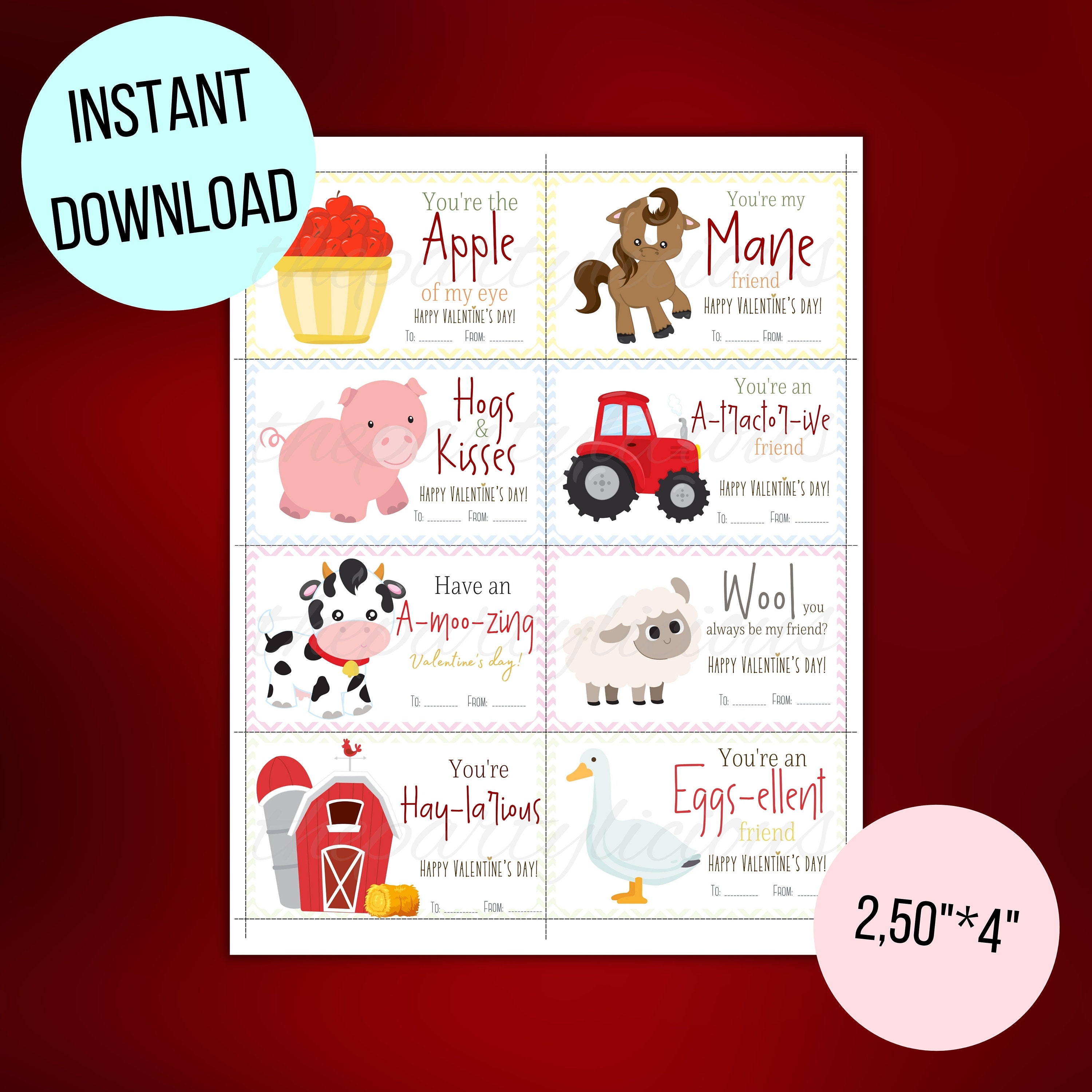 Printable Farm Kids Valentines Day Cards for School, Farm Animals ...