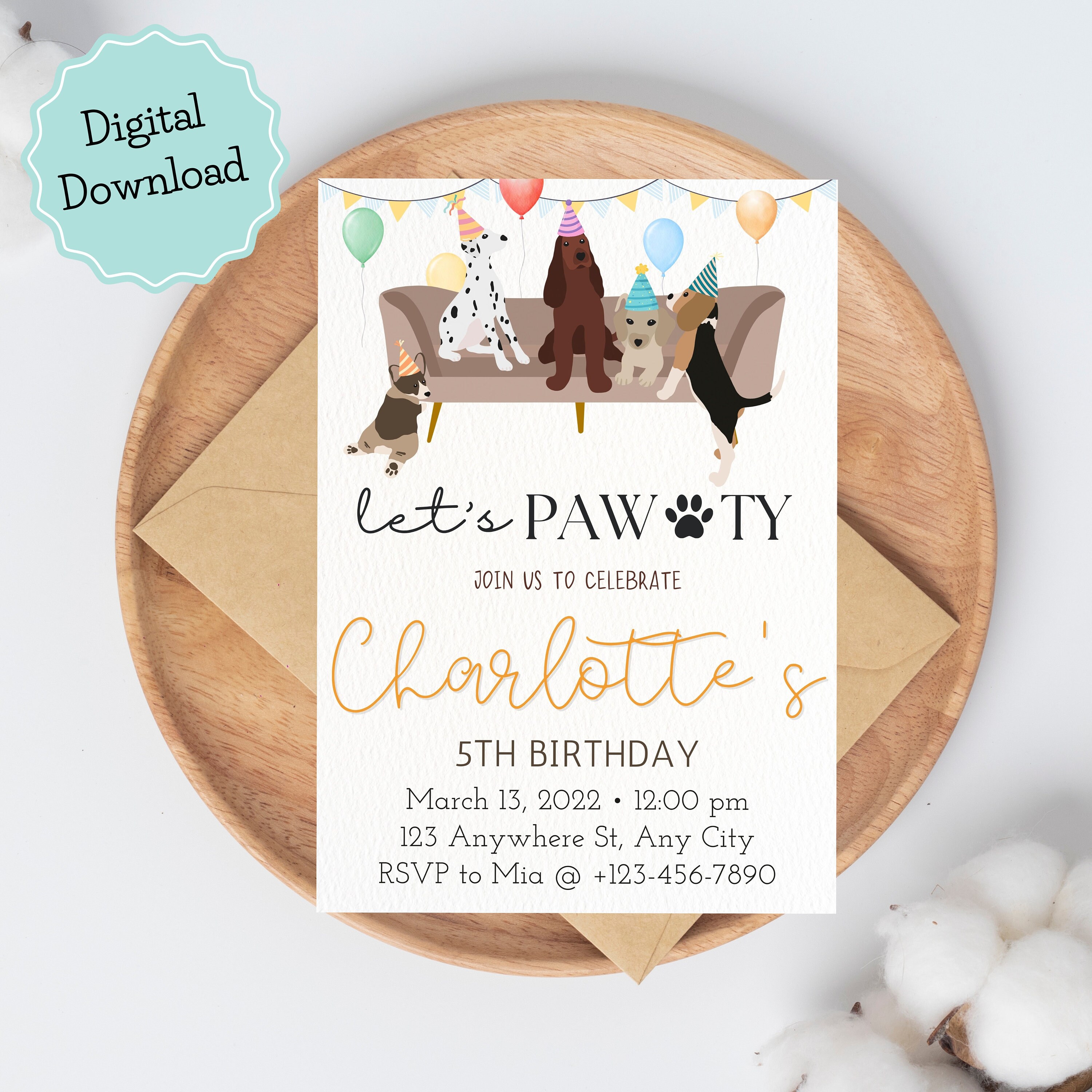 Printable Dog Birthday Party Invitation, Puppy Pawty Dog Theme Party ...