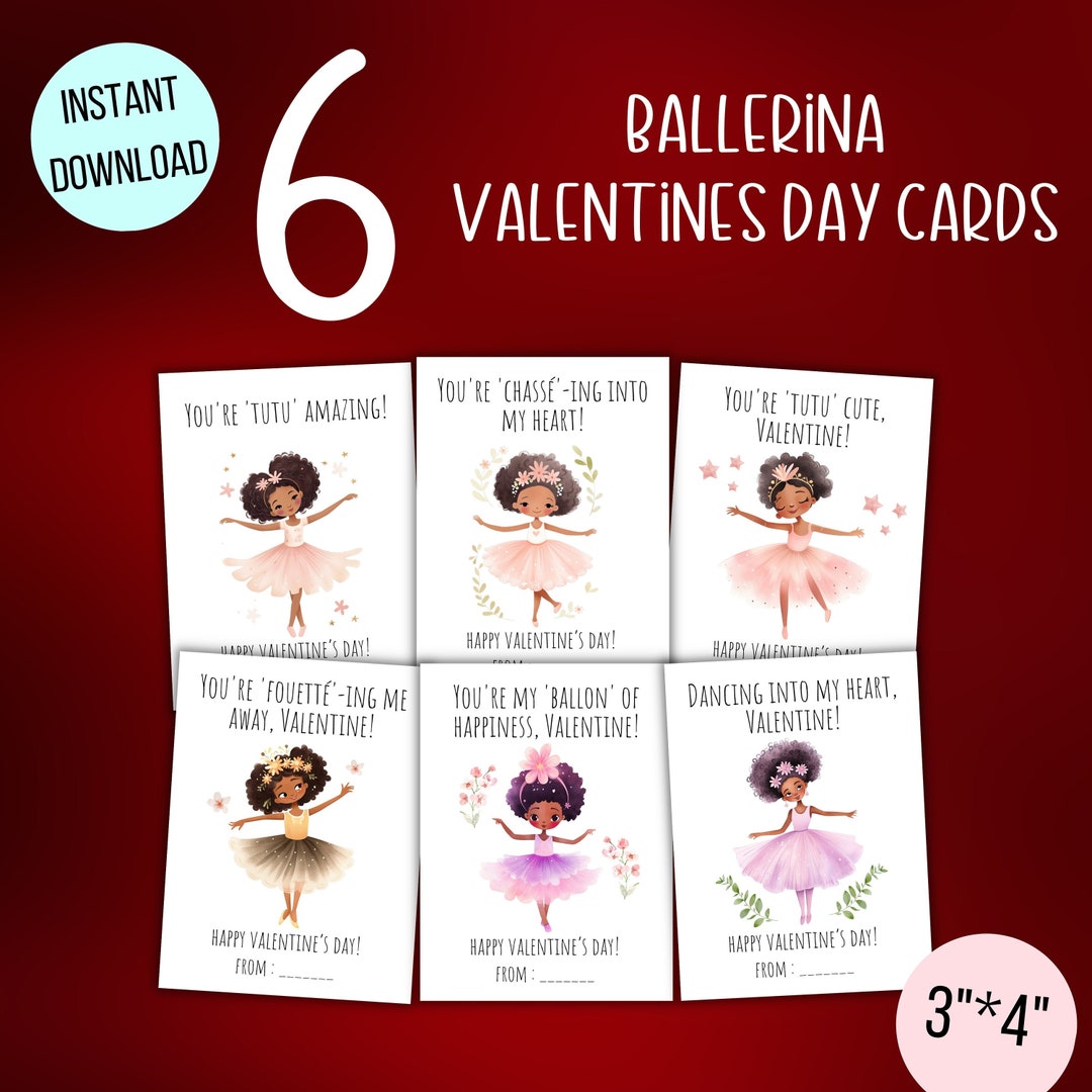 Printable Ballerina Valentines Cards for Kids, Cute Ballet Kids ...