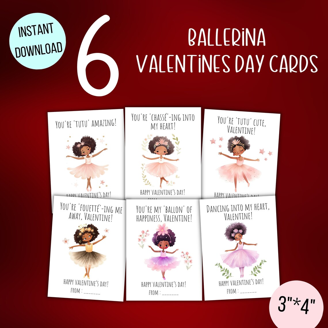 Printable Ballerina Valentines Cards for Kids, Cute Ballet Kids ...