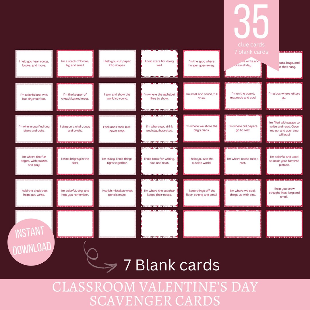 Printable Valentine's Day Scavenger Hunt 35 Clues Classroom Activity ...