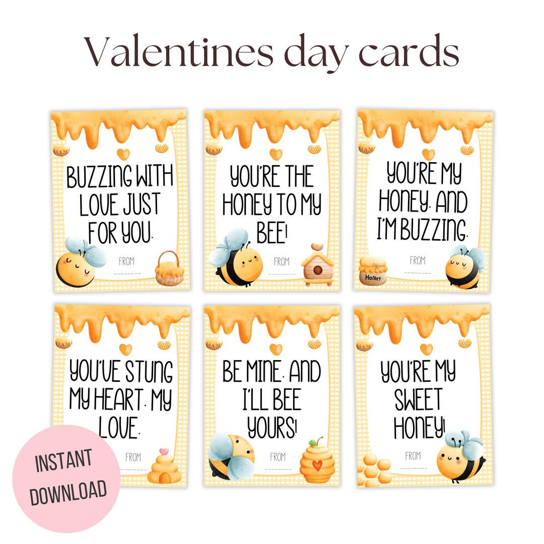 Printable Honey Bee Valentine Cards for School, Honeybee Valentine ...