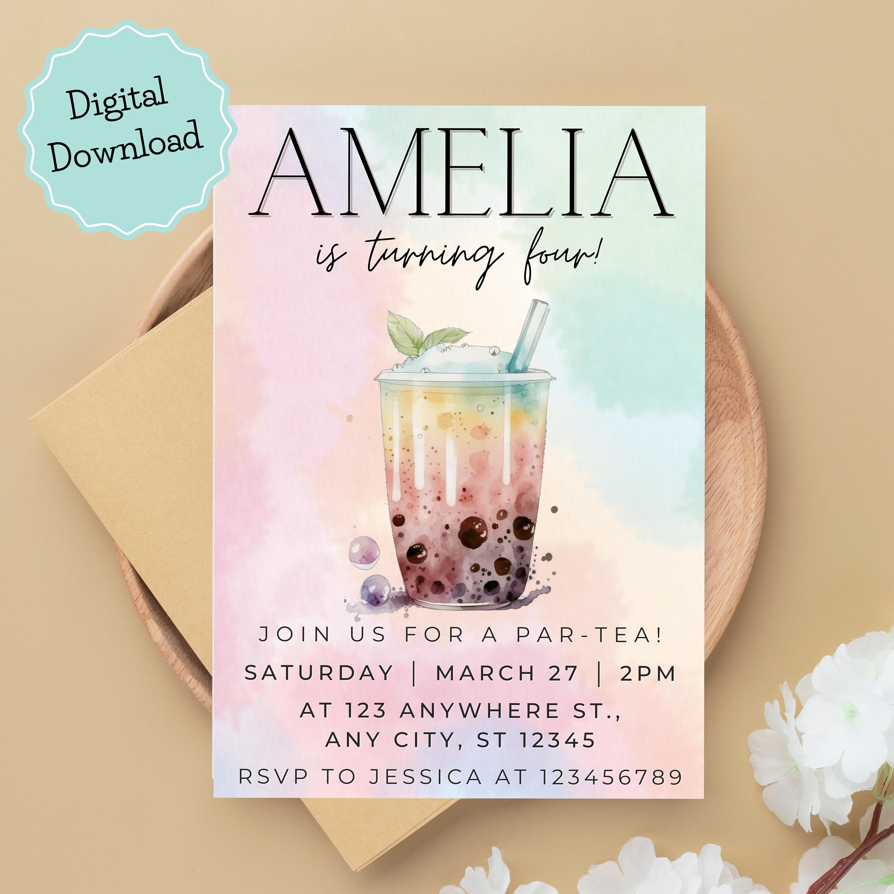 Printable Boba Bubble Tea Birthday Party Invitation, Cute Rainbow ...