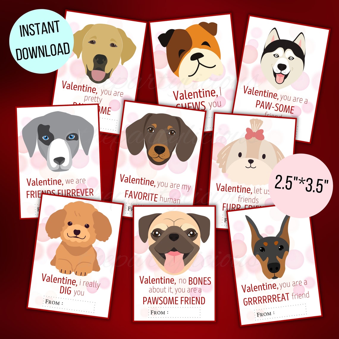 Printable Dog Kids Valentines Day Cards for School, Puppy Dog Valentine ...