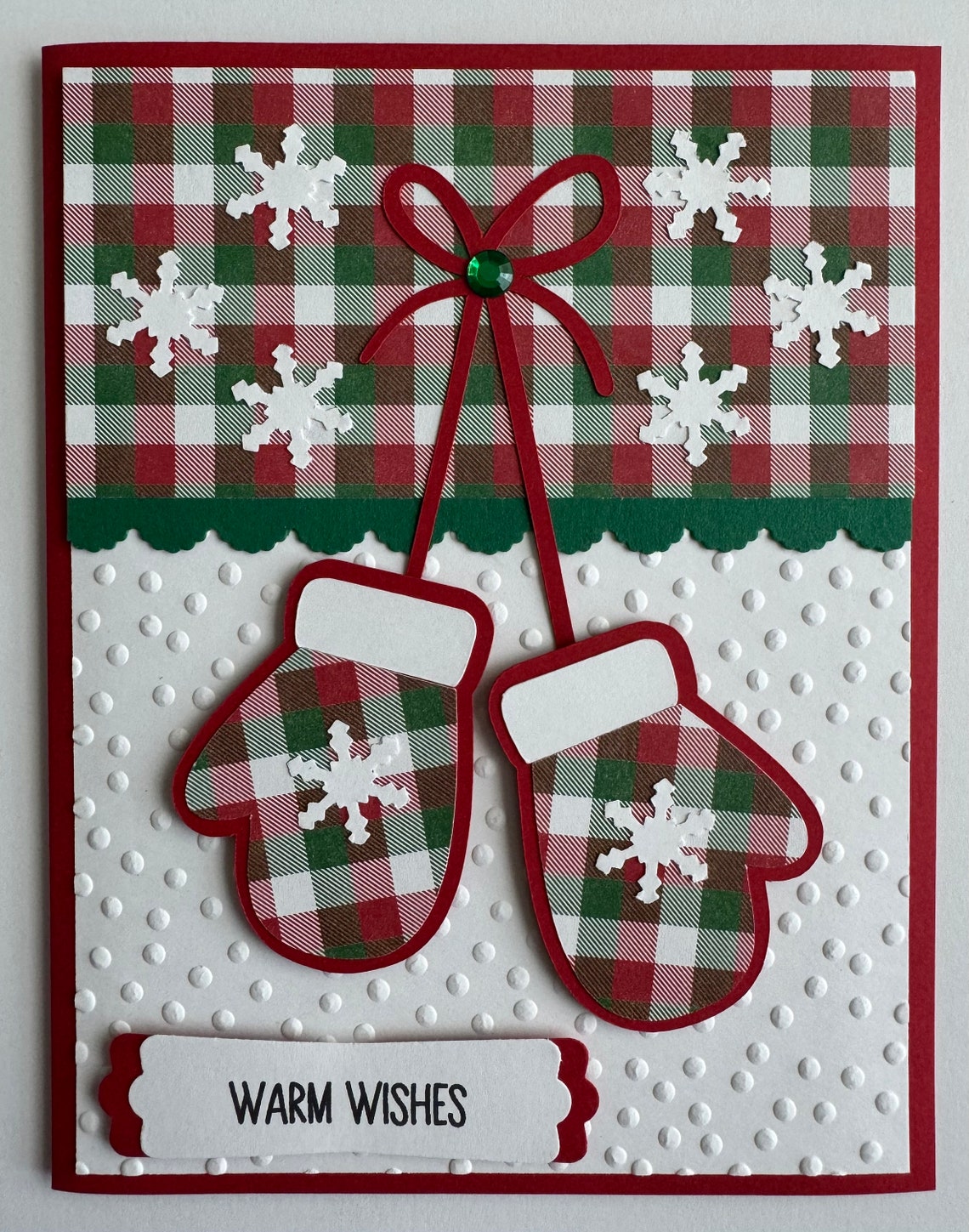 Christmas Mittens A2 Card, Handmade, Plaid, Snowflakes, Warm Wishes ...