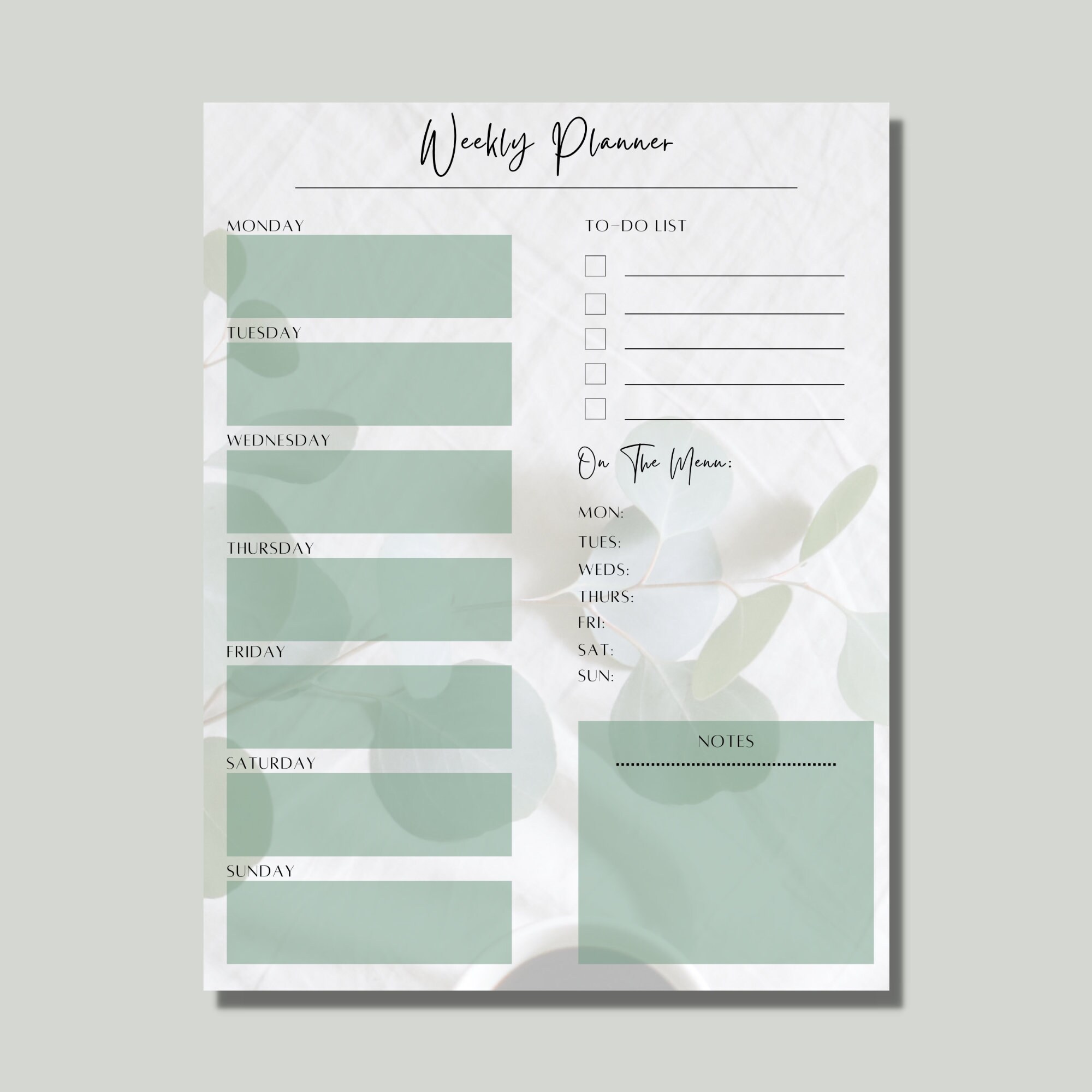 Weekly Planner Printable – Editable CANVA Planner Template – Green ...