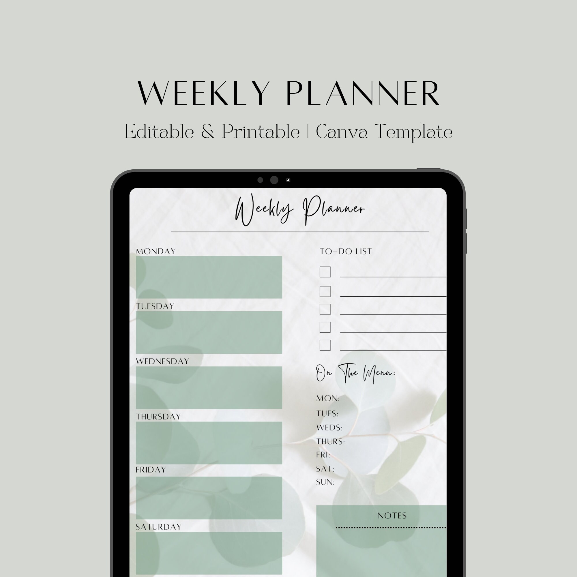 Weekly Planner Printable – Editable CANVA Planner Template – Green ...