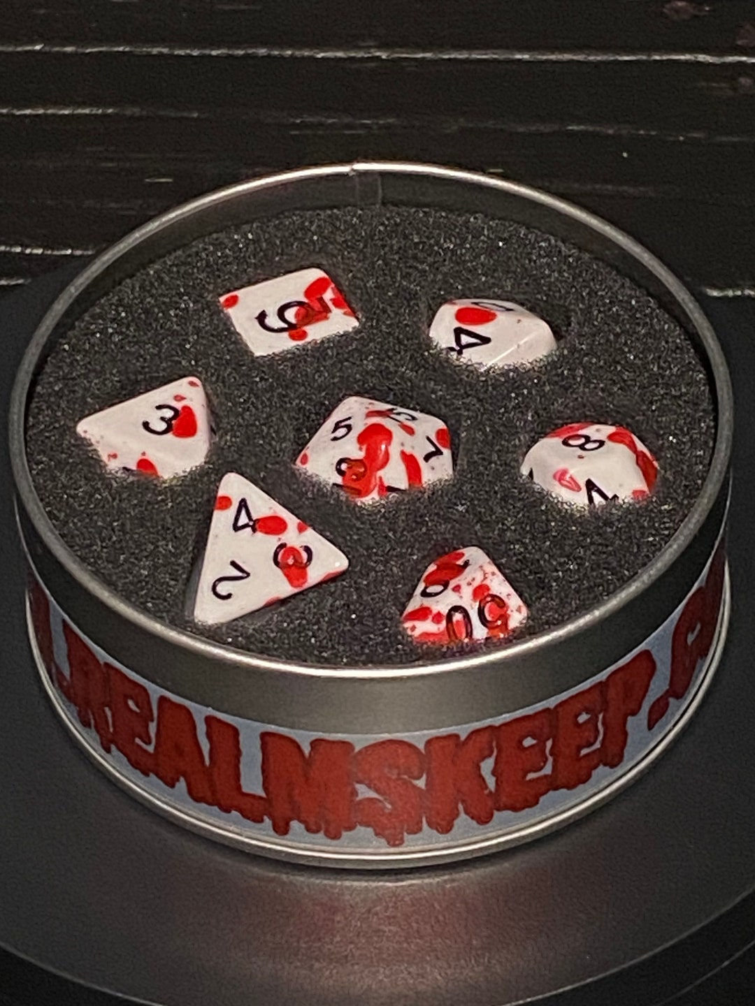 7pc DND Dice Set Blood Splatter Dice Case and Dice Tray Option Included ...