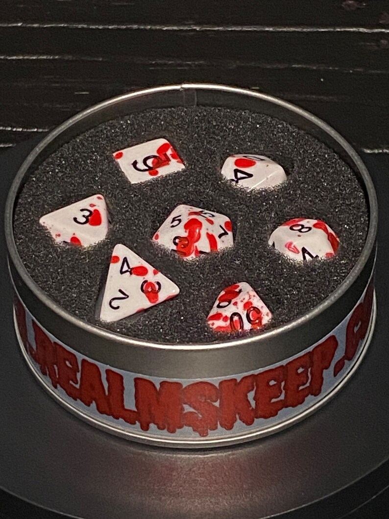 7pc DND Dice Set Blood Splatter Dice Case and Dice Tray Option Included ...