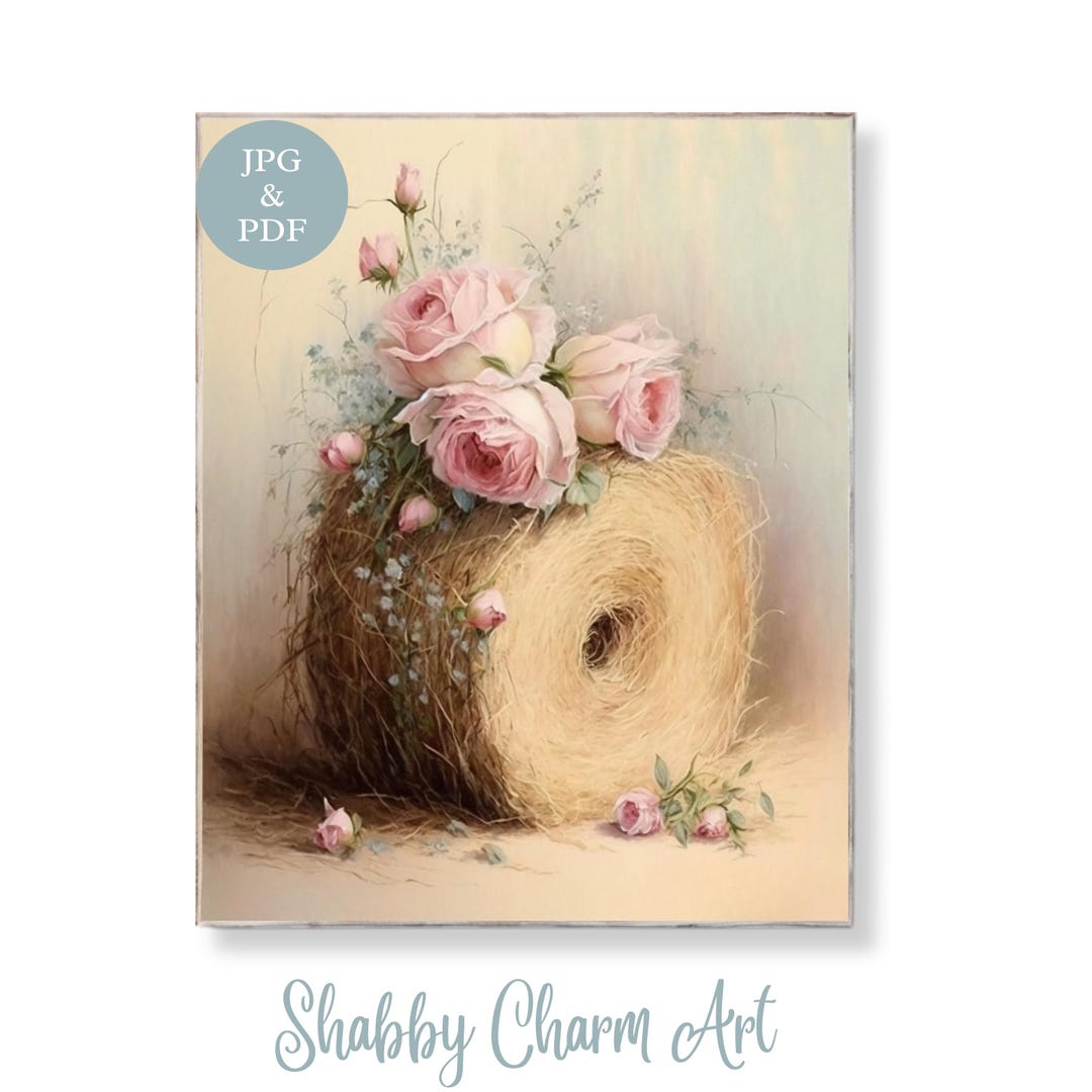 Hay Bale With Roses Shabby Chic Country Farm Wall Art Rustic Floral ...