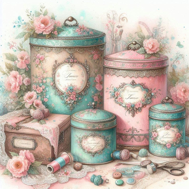 Clipart de latas de costura Shabby Chic: Diseño Cottagecore en acuarela ...