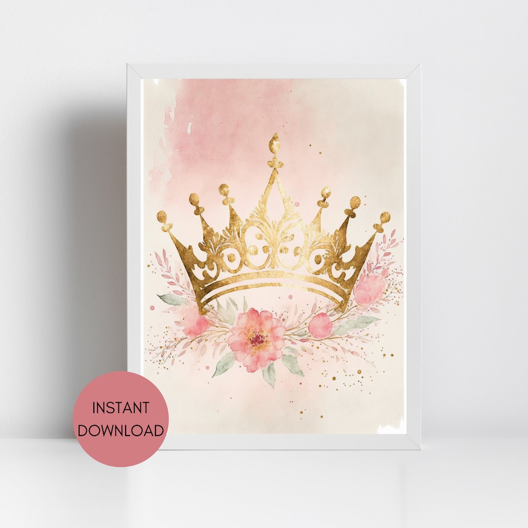 Gold and Pink Watercolor Princess Crown Wall Art Instant Digital ...