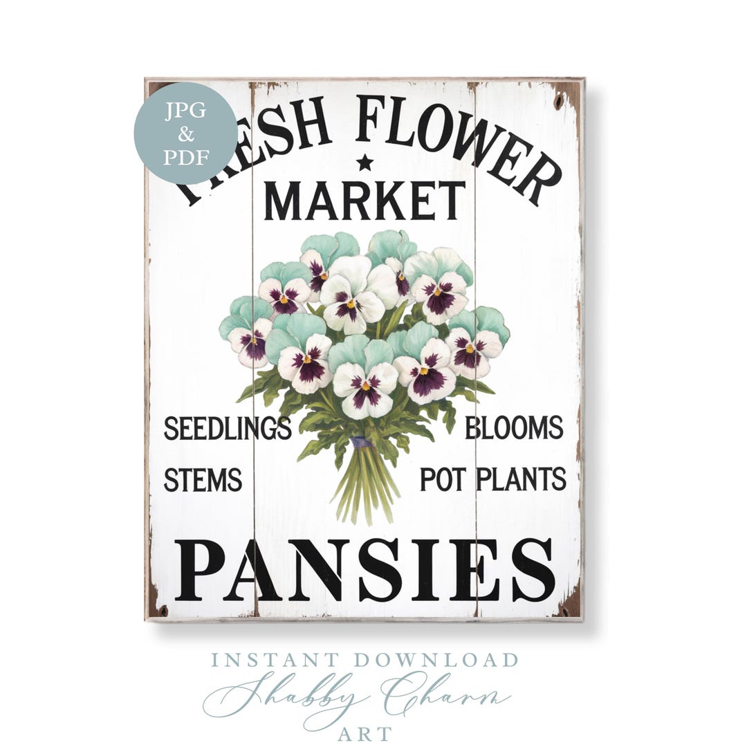 Pansy Wall Art, Shabby Chic Floral Printable, Vintage Flower Market ...