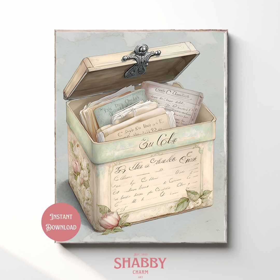 Vintage Recipe Box Watercolor Print, Shabby Chic Wall Art, Instant ...