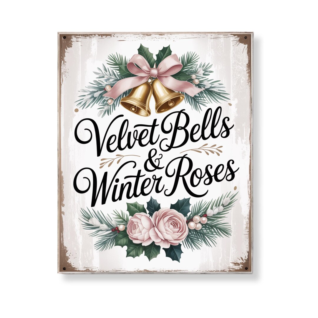 Pink Christmas Wall Art Velvet Bells and Winter Roses Shabby Chic ...