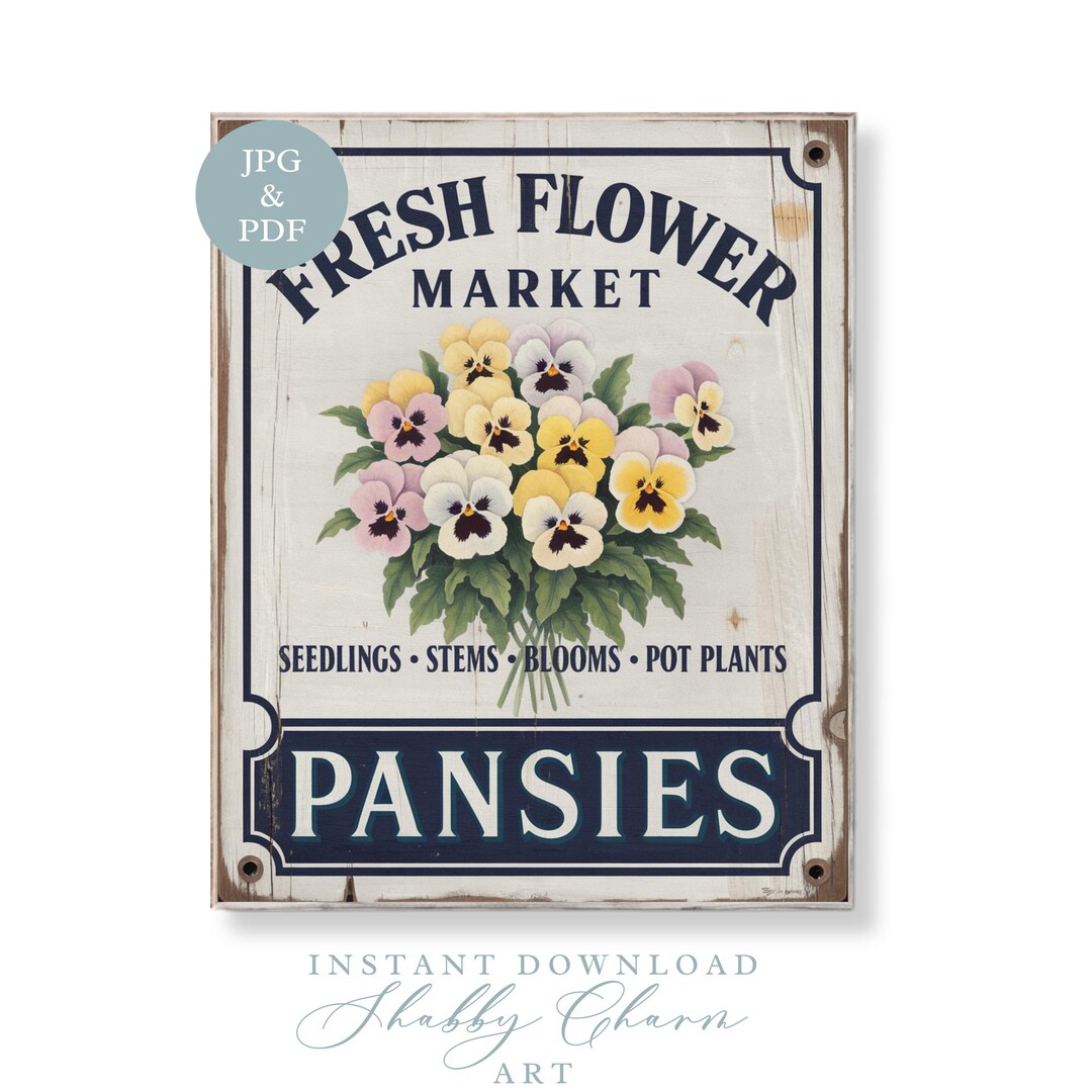 Pansy Wall Art, Shabby Chic Floral Printable, Vintage Flower Market ...