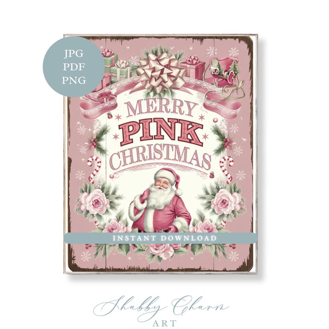Merry Pink Christmas Vintage Santa Wall Art Festive Holiday Decor ...
