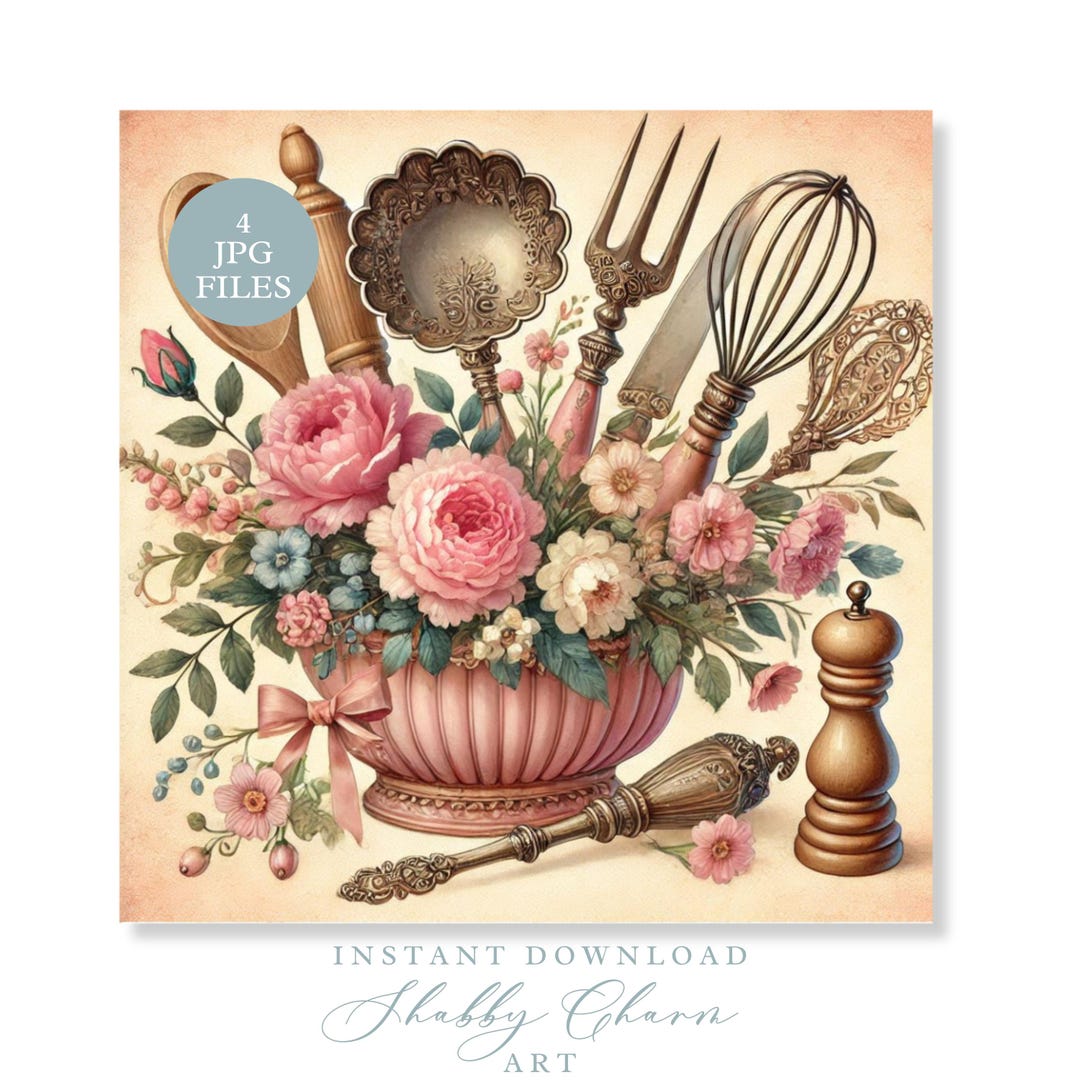 Shabby Chic Kitchen Utensils Clipart Bundle Vintage Cooking Watercolor ...