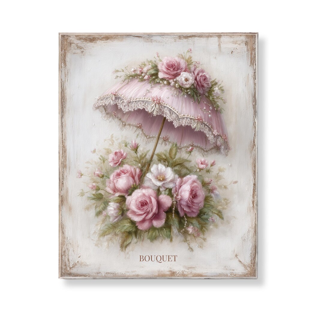 Shabby Chic Pink Parasol Wall Art Vintage Rose Bouquet Printable French ...