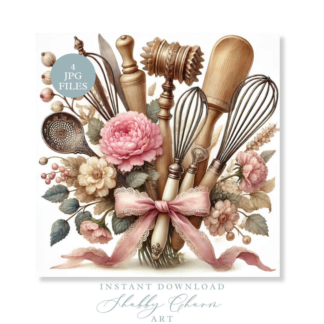 Shabby Chic Kitchen Clipart Bundle Vintage Cooking Utensils Watercolor ...