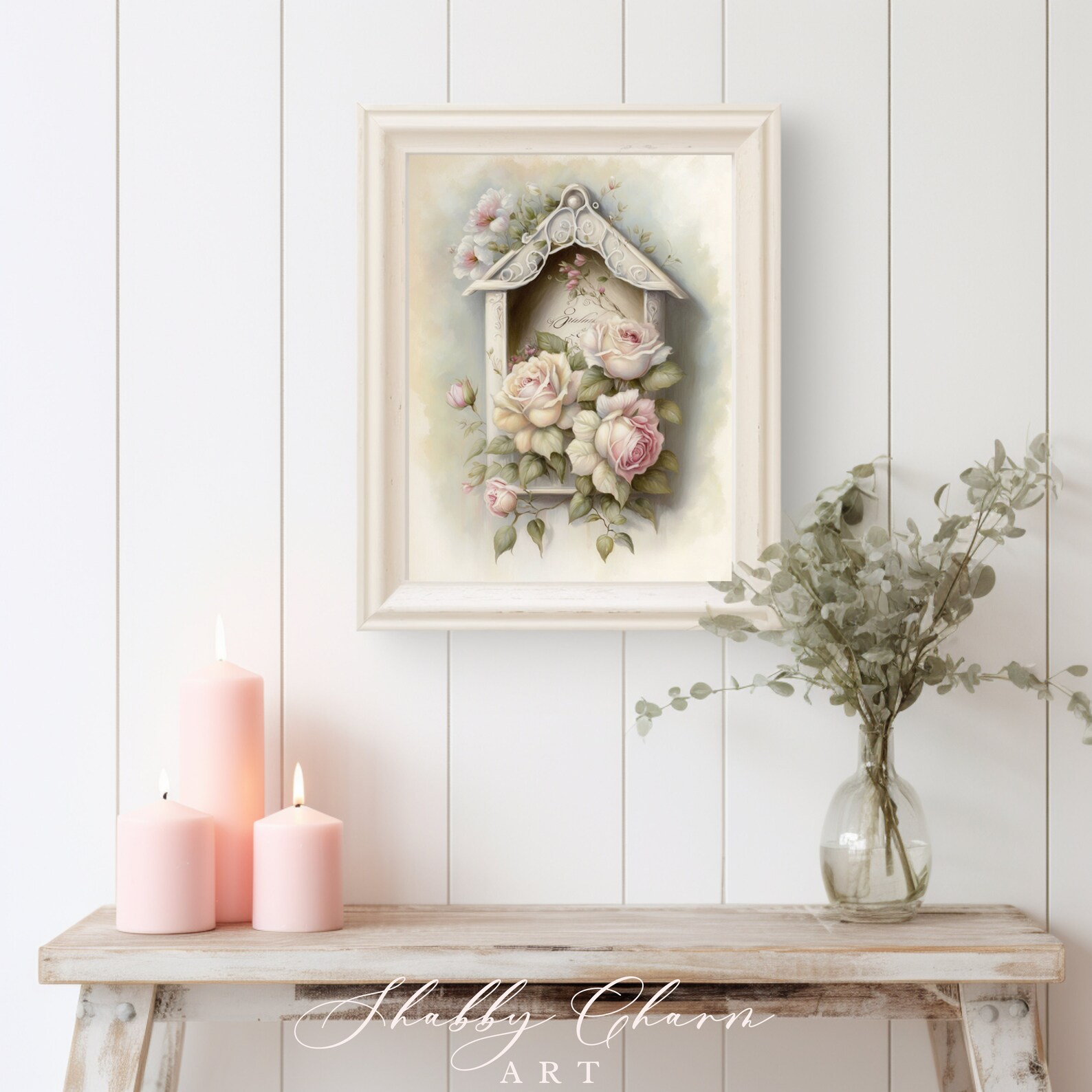 Shabby Chic Roses Wall Decor Pink Wall Art Vintage Cottage Style Floral ...