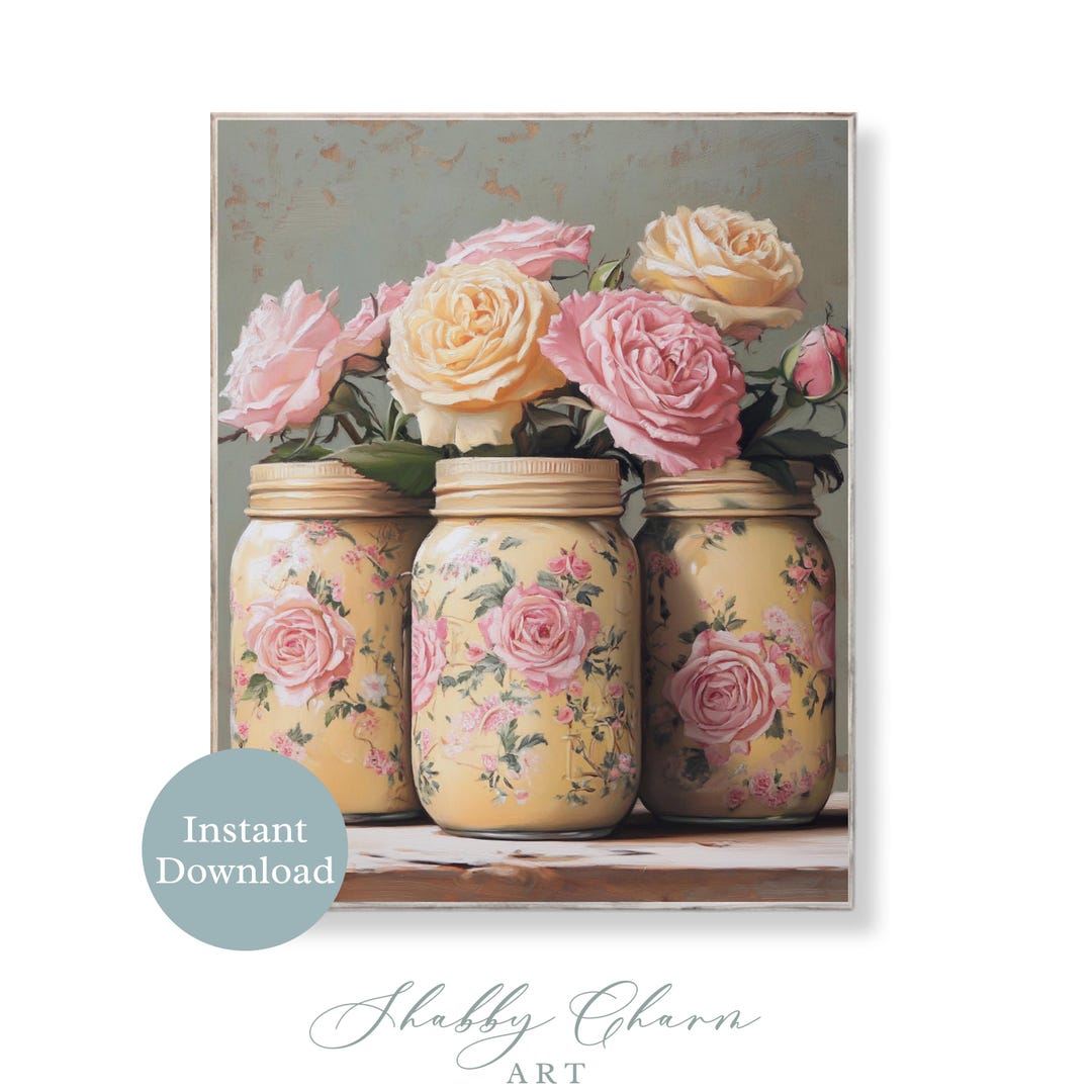 Vintage Floral Mason Jar Wall Art Shabby Chic Rose Printable Rustic ...