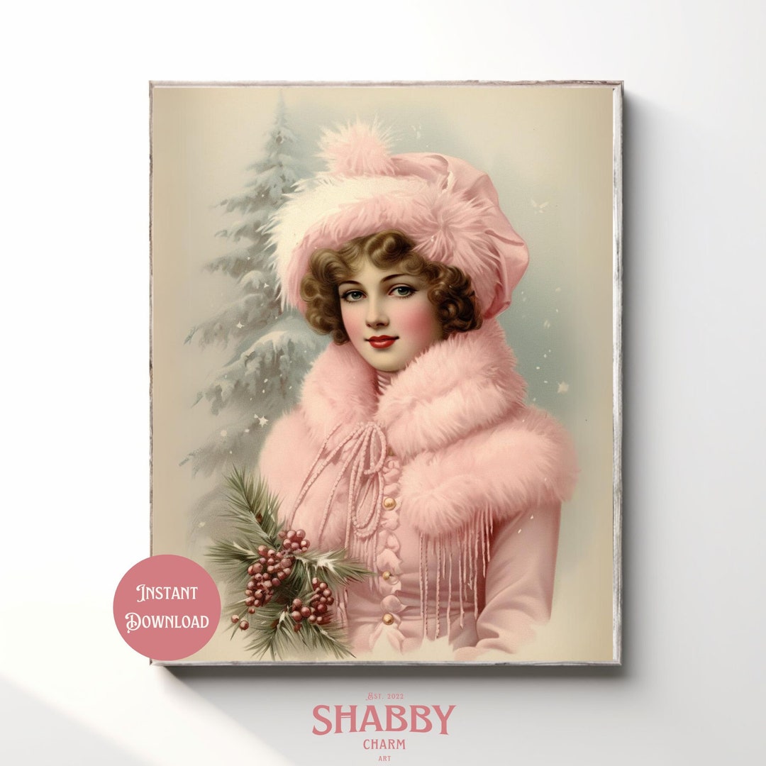 Vintage Lady Vintage Portrait Retro Women Winter Decor Light Pink Wall ...