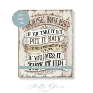Vintage House Rules Sign Rustic Farmhouse Wall Decor Put It Back ...