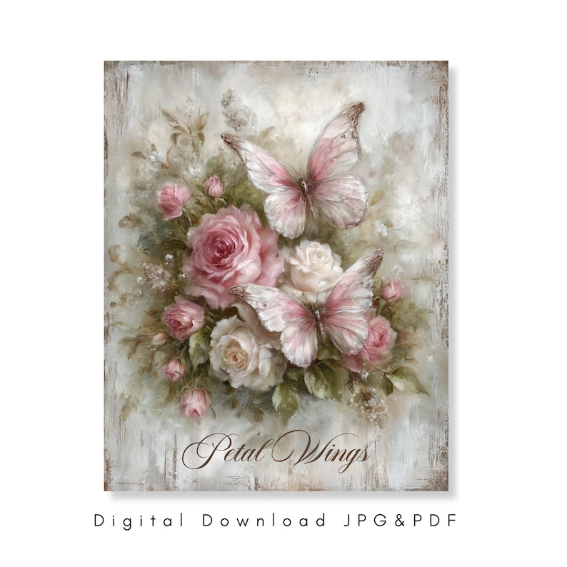 Shabby Chic Butterfly Wall Art Pink Roses Floral Print Cottagecore ...