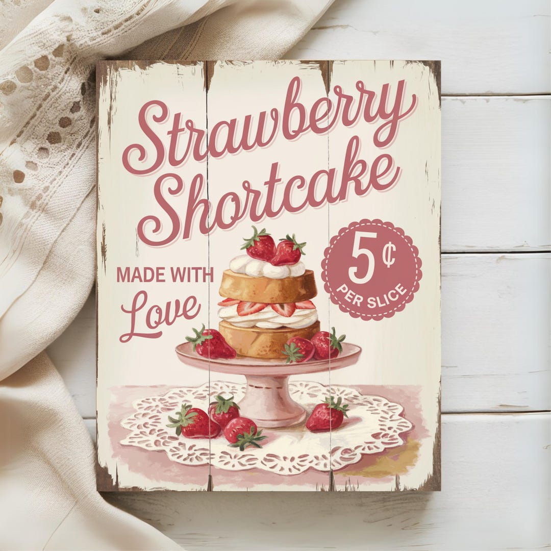 Strawberry Shortcake Sign Vintage Dessert Kitchen Wall Art Shabby Chic ...