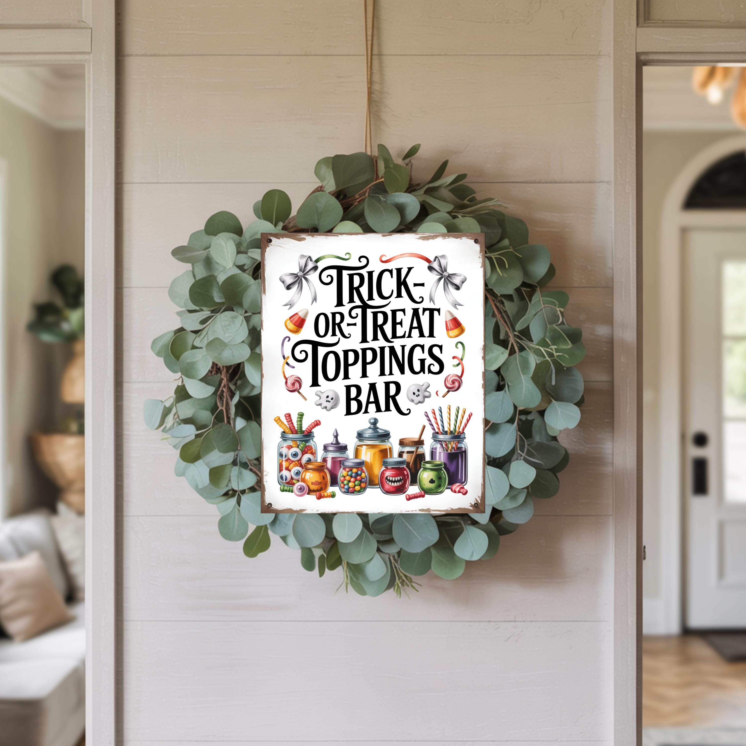 Trick or Treat Toppings Bar Sign Printable Halloween Candy Decor Wreath ...