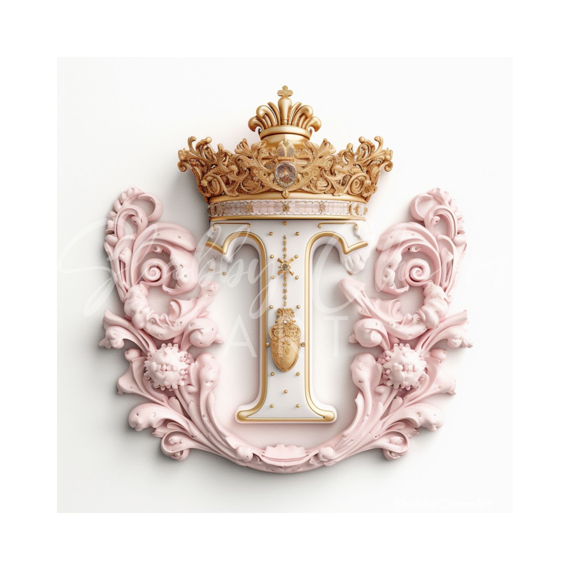Letter T Monogram Wall Art Pink and Gold Crown Image - Etsy