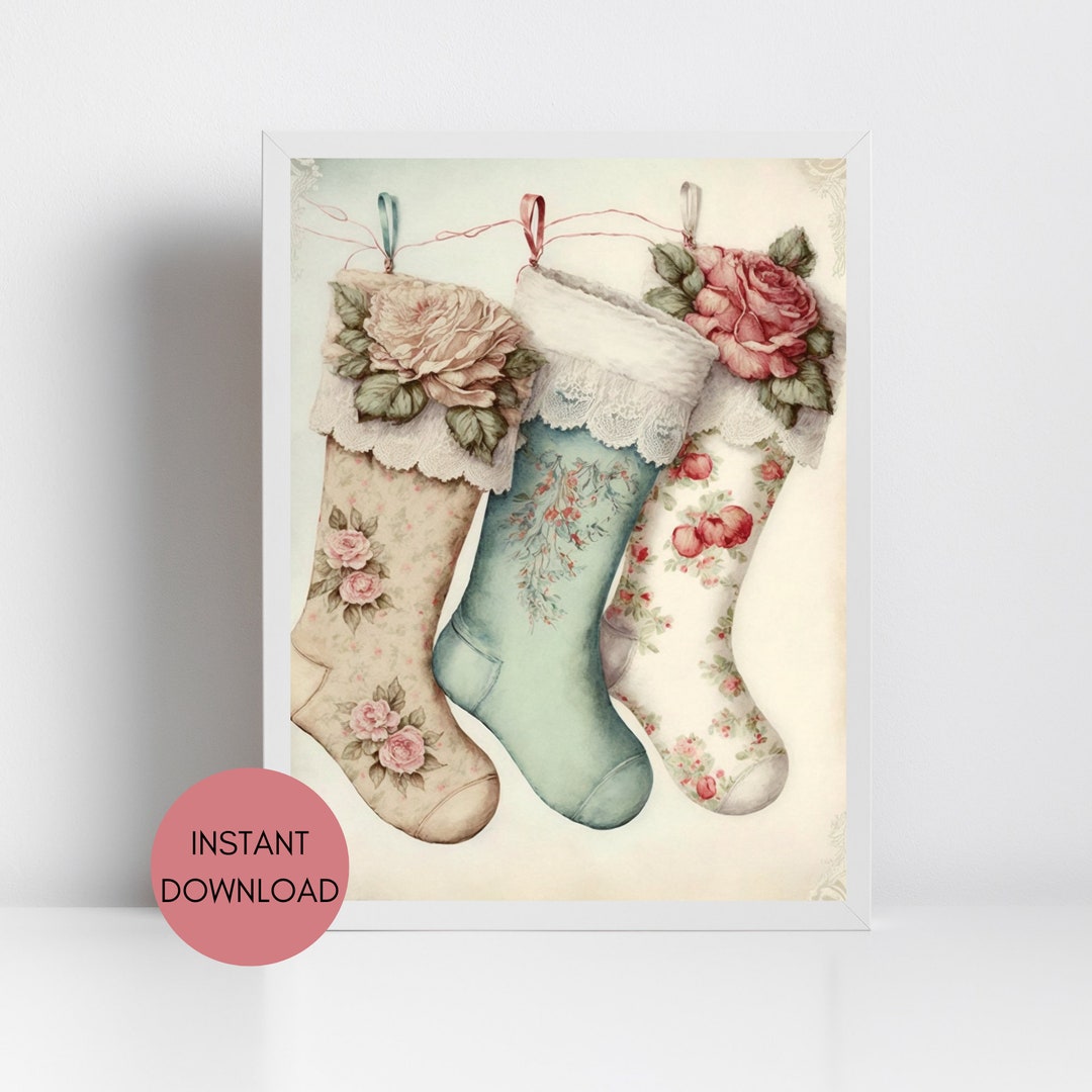Watercolor Shabby Chic Pink Christmas Stockings Socks Instant Digital ...