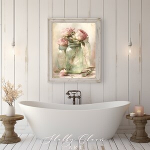 Shabby Chic Glass Jar Roses Pink Wall Art Vintage Cottage Style Floral ...
