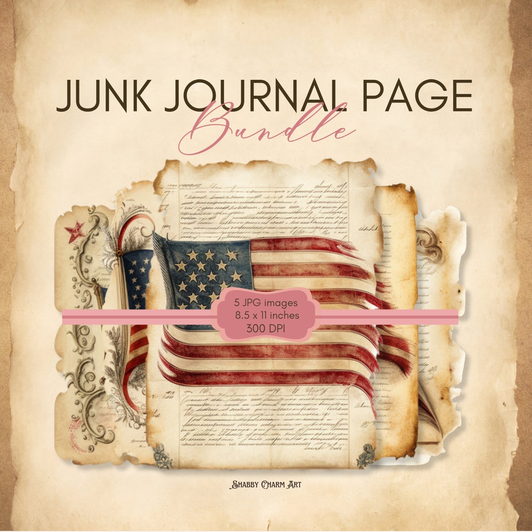 Shabby Chic Vintage USA Flag Junk Journal Page Bundle, 5 Designs, 8 ...