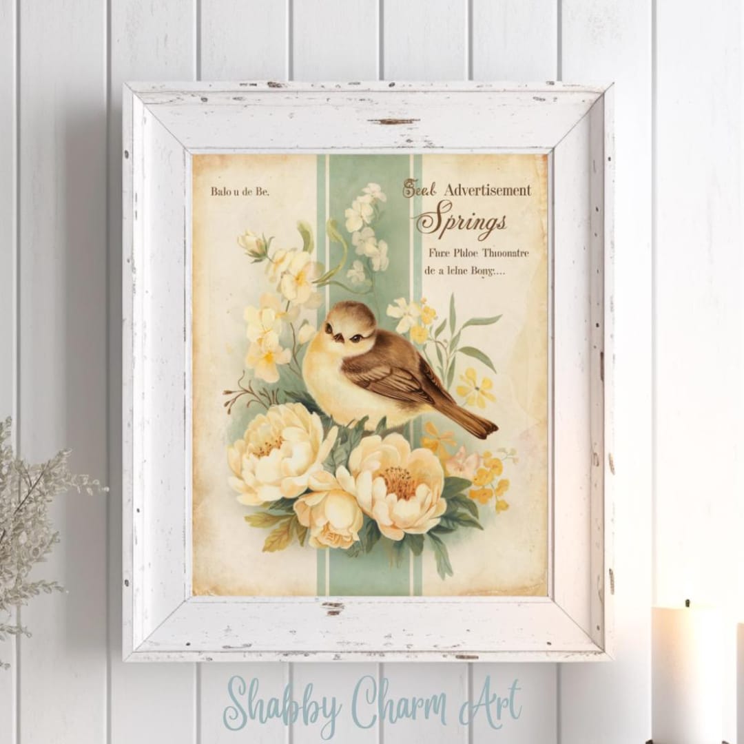 Vintage Spring Bird Wall Art Shabby Chic Yellow Peony Print - Rustic ...