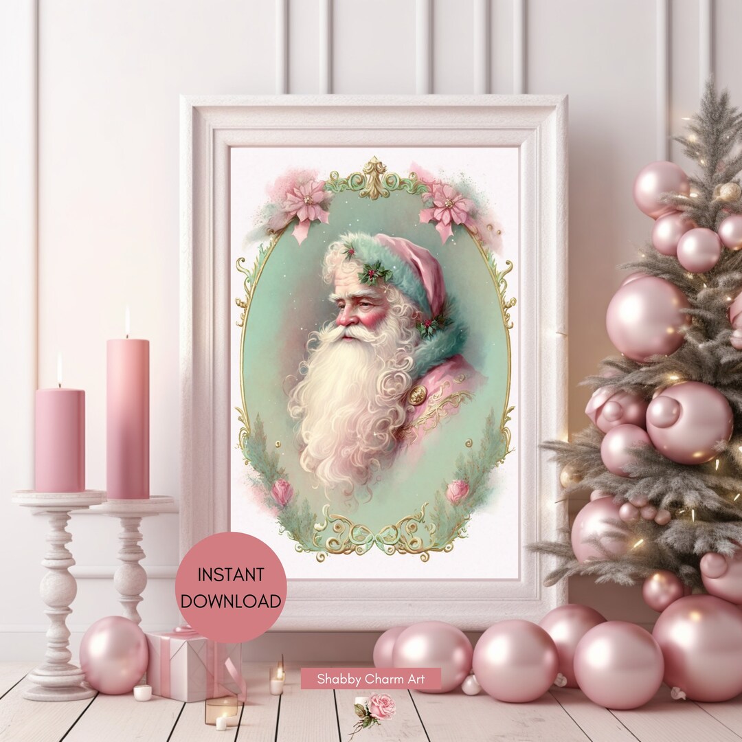 Pink Retro Santa 8 X 10 Christmas Print Pink Vintage Santa Cottage Core ...