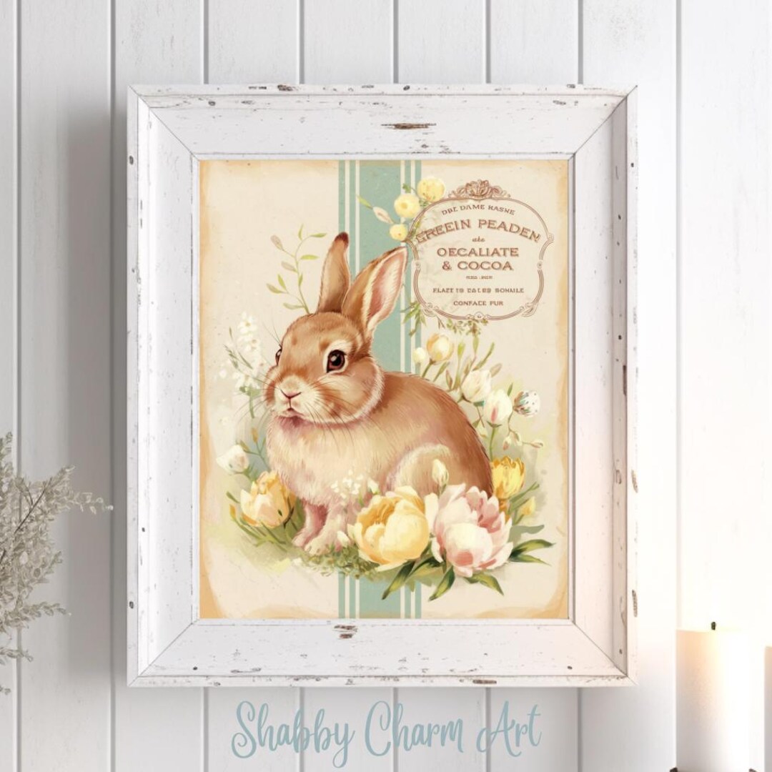 Vintage Bunny Print Shabby Chic Easter Wall Art French Country Rabbit ...