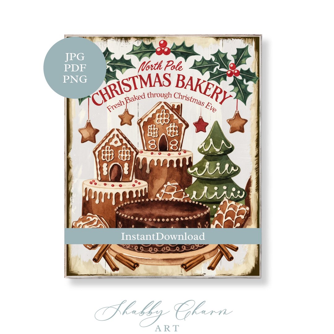 Retro North Pole Christmas Bakery Poster Wall Art Printable Shabby Chic ...