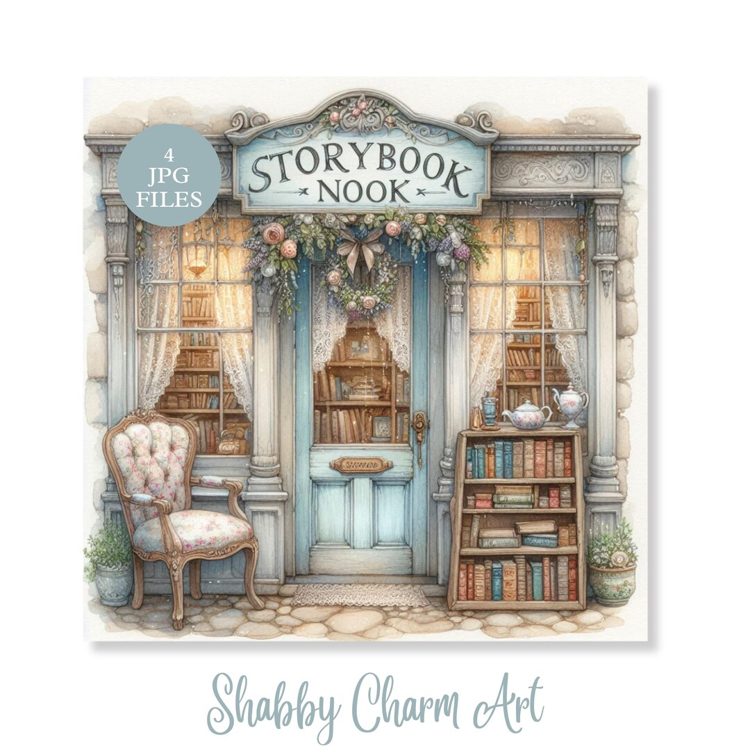 Shabby Chic Bookstore Watercolor Clipart: Vintage Cottagecore (JPG ...