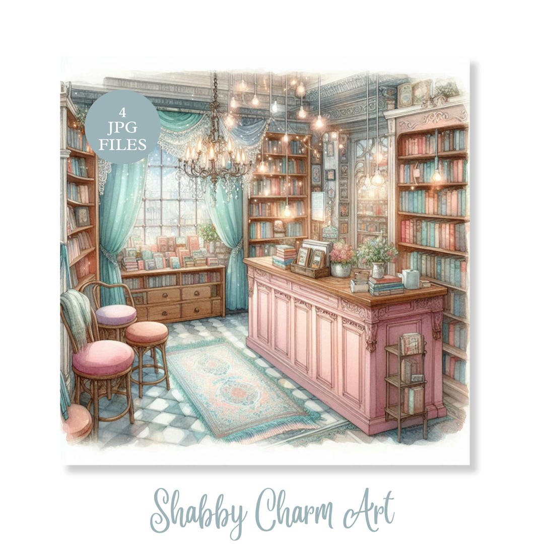 Shabby Chic Vintage Bookstore Clipart Cozy Library Illustration ...