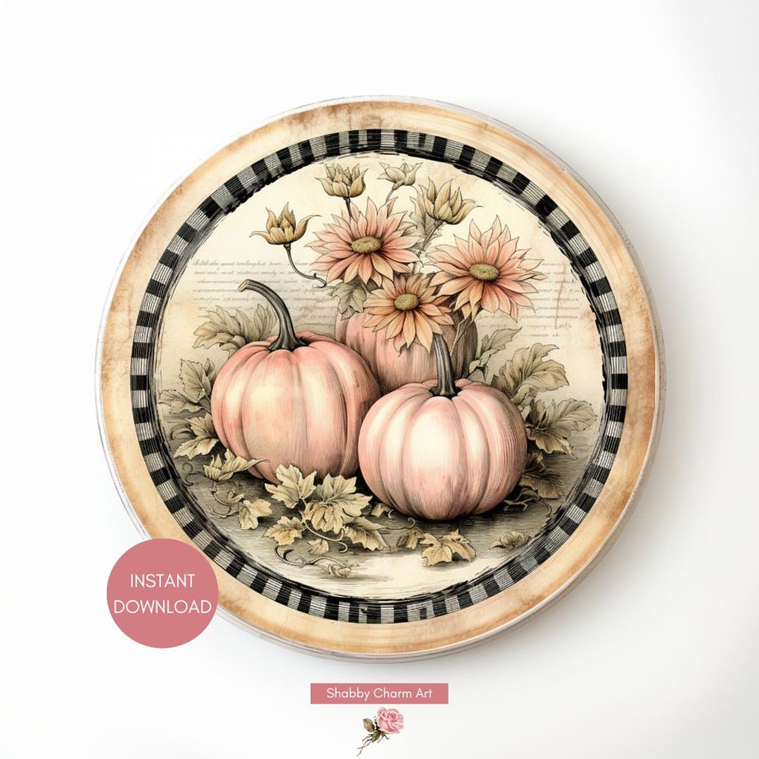 Autumn Fall Round Sign PNG Pink Pumpkins & Plaid Checkered Instant ...