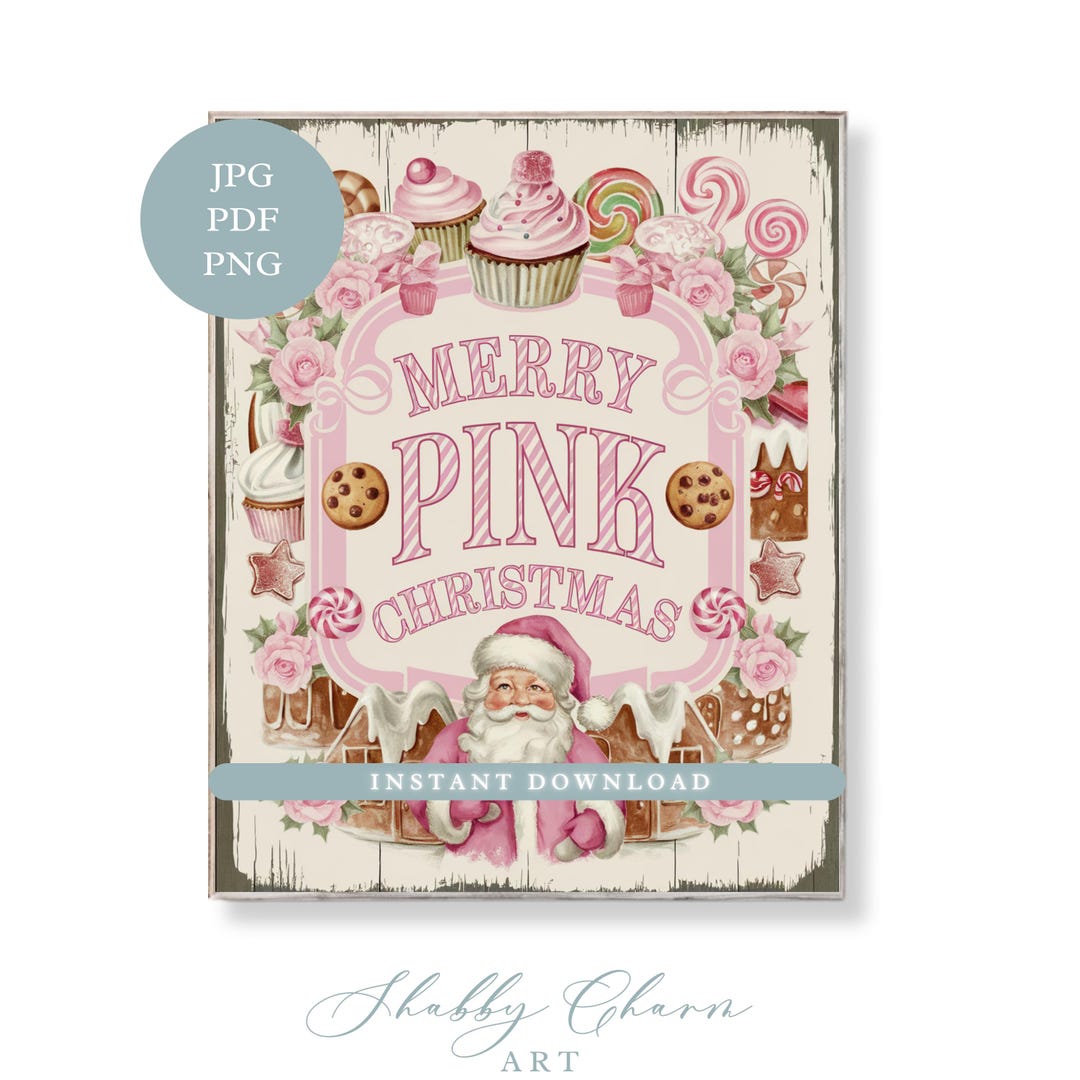 Pink Christmas Sign, Vintage Holiday Decor, Shabby Chic Santa ...