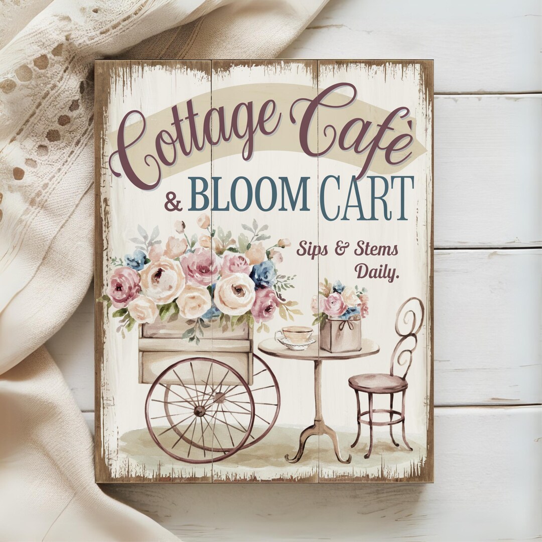 Cottage Café Bloom Cart Vintage Floral Sign Shabby Chic Tea Shop Wall ...